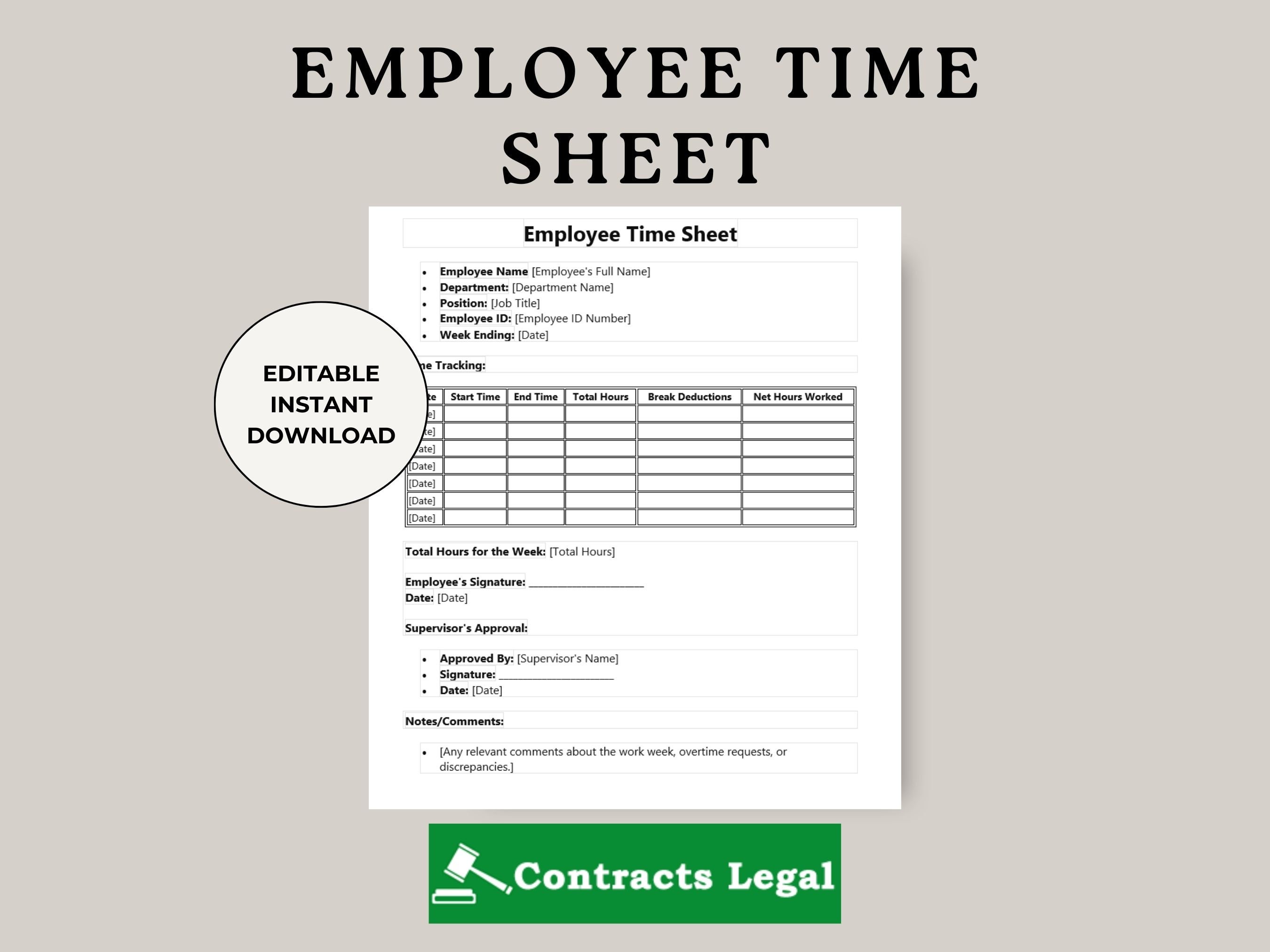 Employee Time Sheet, Editable Time Sheet, Employee Time Tracker, Time ...