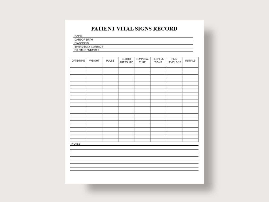 Nurse Patient Vital Signs Record, Daily Vitals Log, Vitals Sheet ...