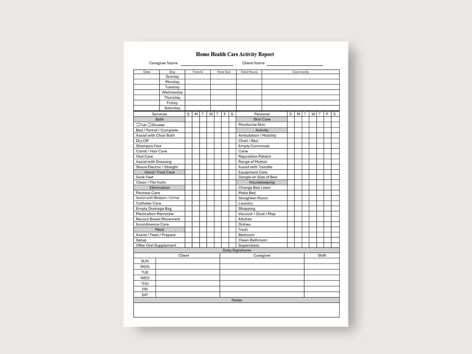 Home Health Caregiver Activity Report, Elder Care Checklist, Caregiver ...
