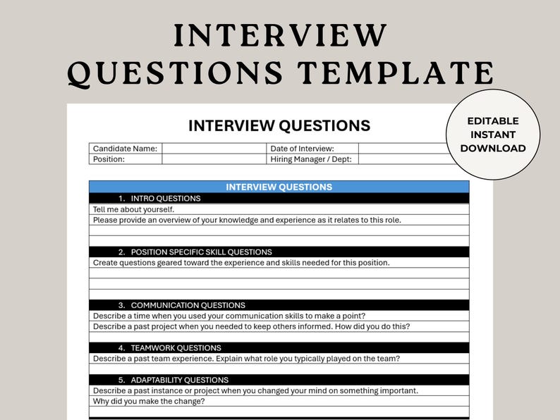 Interview Questions Template: HR Hiring Forms (digital Download, US ...