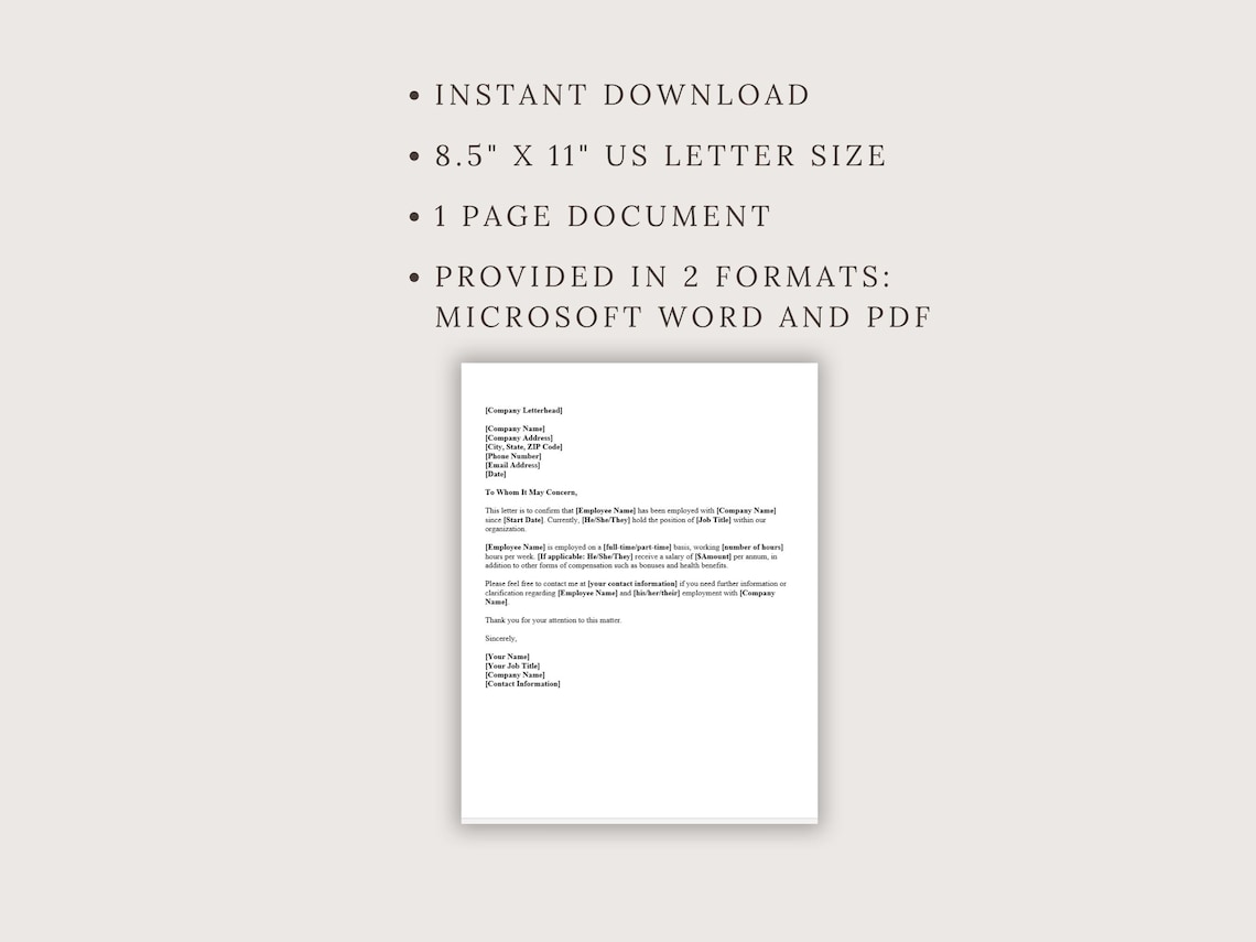 Employment Verification Letter Template: HR Document (digital Download ...