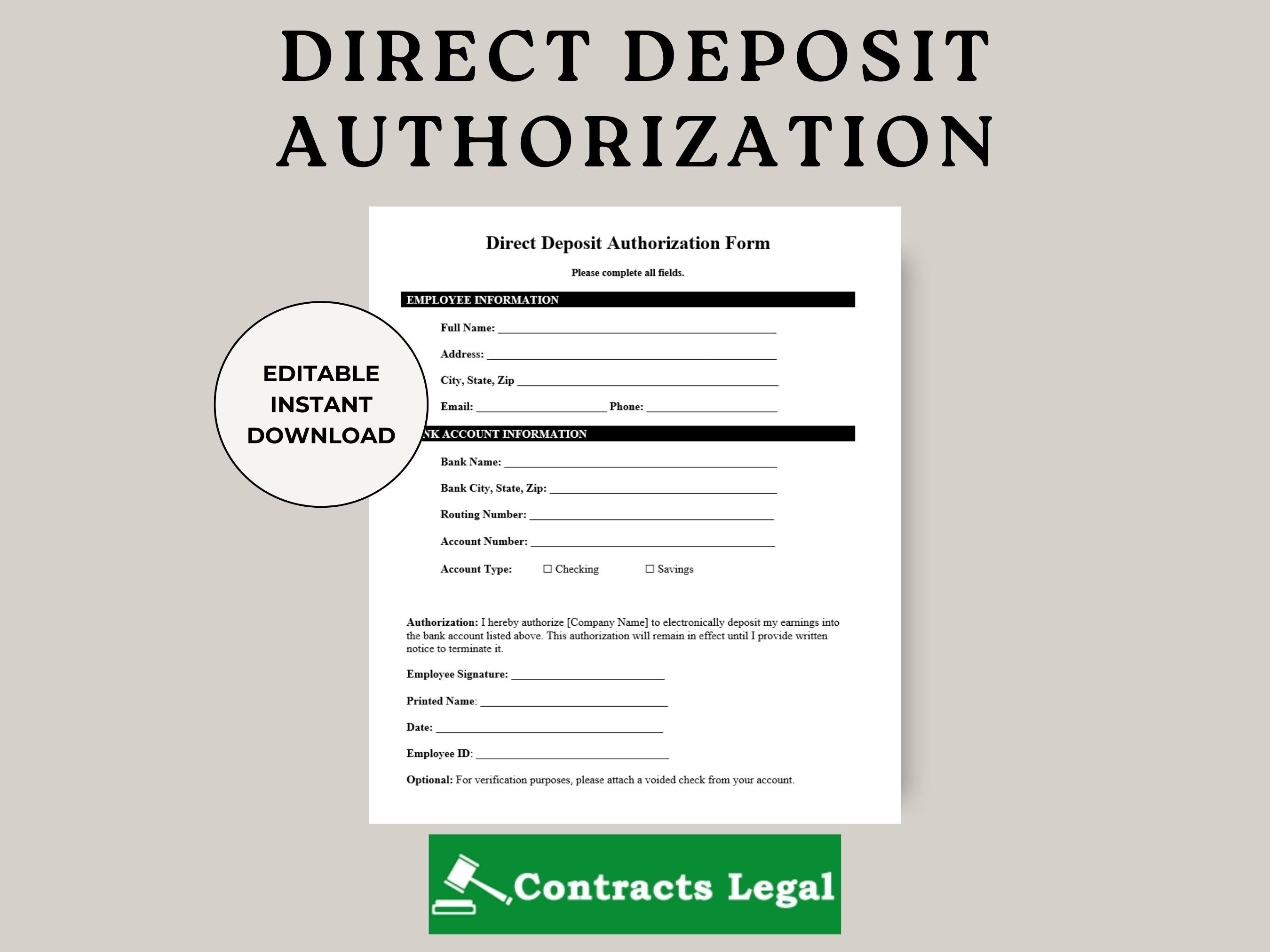 Direct Deposit Authorization Form, Employee Direct Deposit, New ...