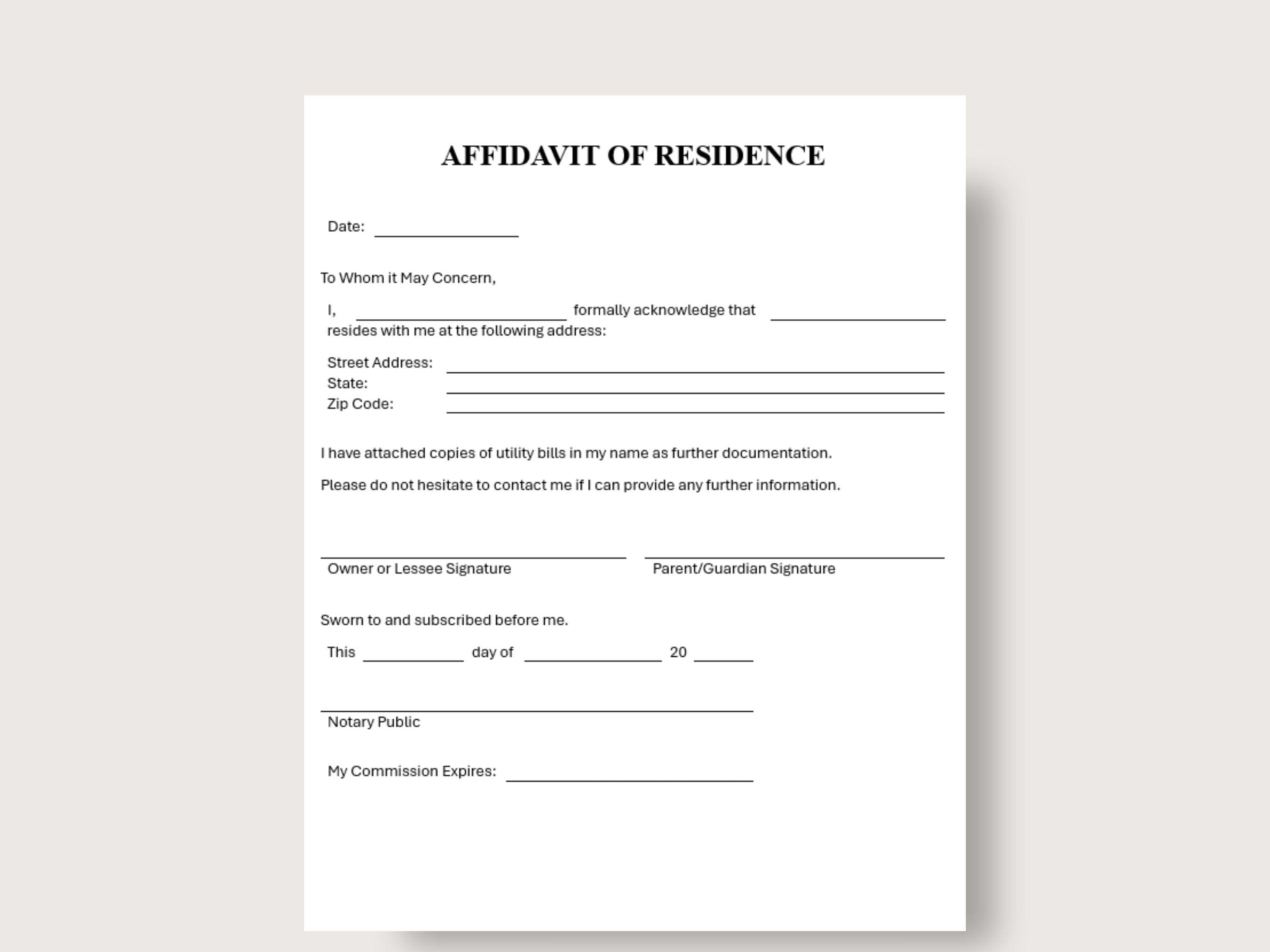 Proof of Residency, Proof of Residence, Notary Form, Proof Letter ...