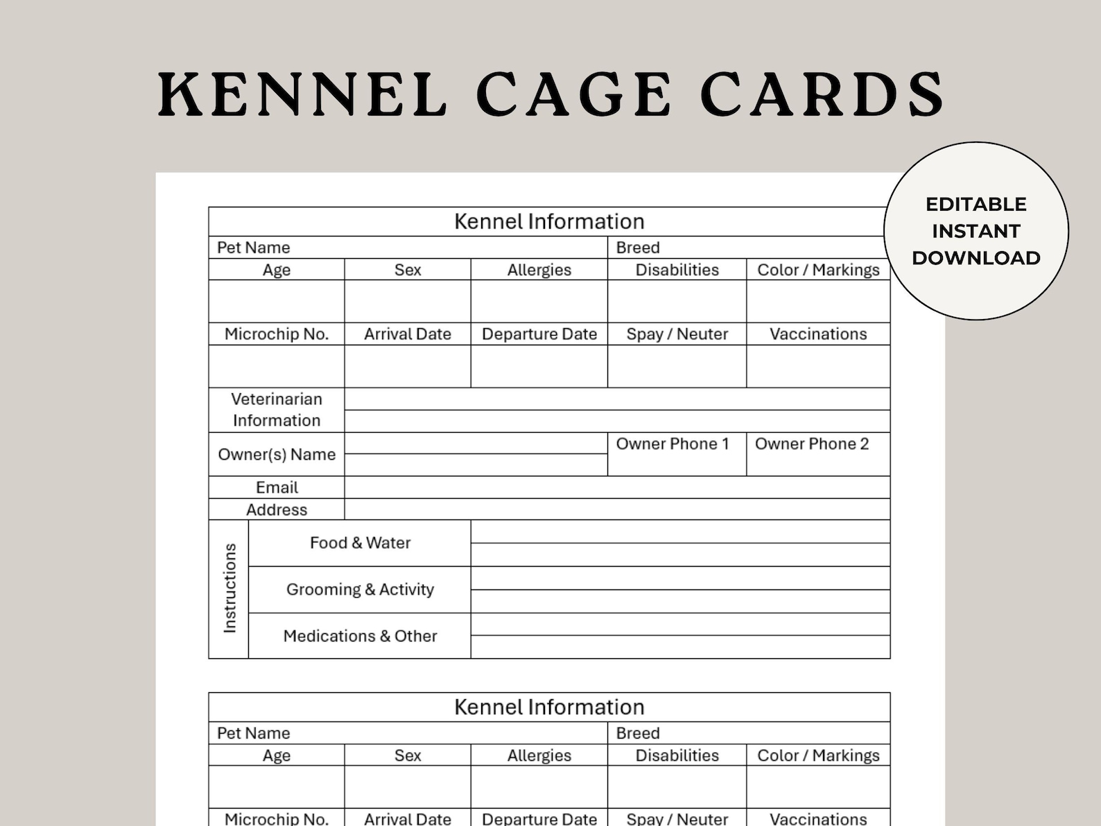 Kennel Cage Card, Veterinary Cage Card, Dog Cage Cards, Animal ID Cage ...