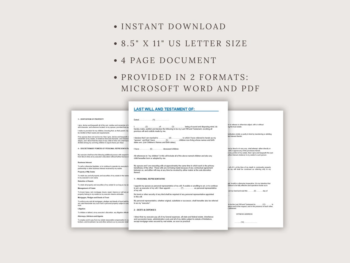 Last Will and Testament Template: Editable Printable Will (digital ...