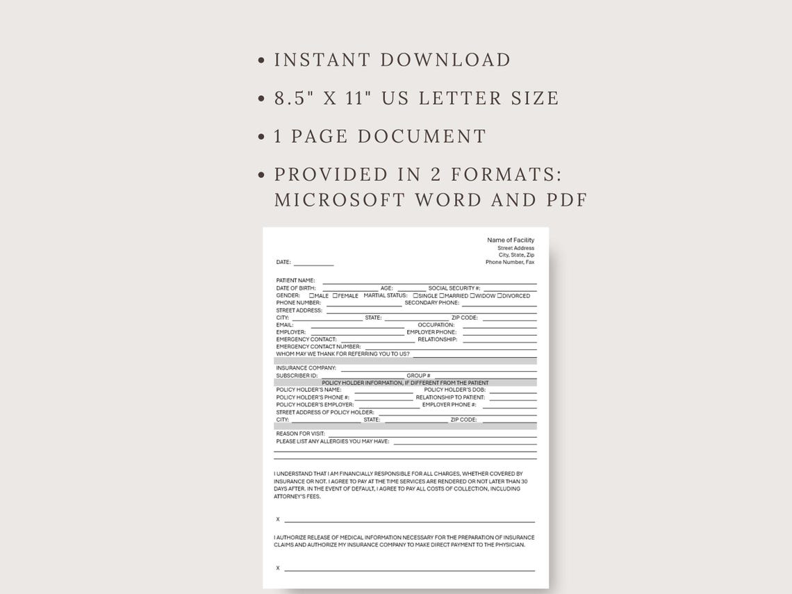 Patient Intake Form Template: Editable Clinic Forms (digital Download ...