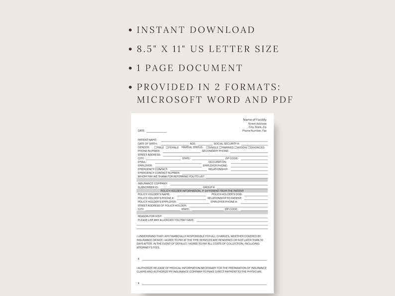 Patient Intake Form Template: Editable Clinic Forms (digital Download ...
