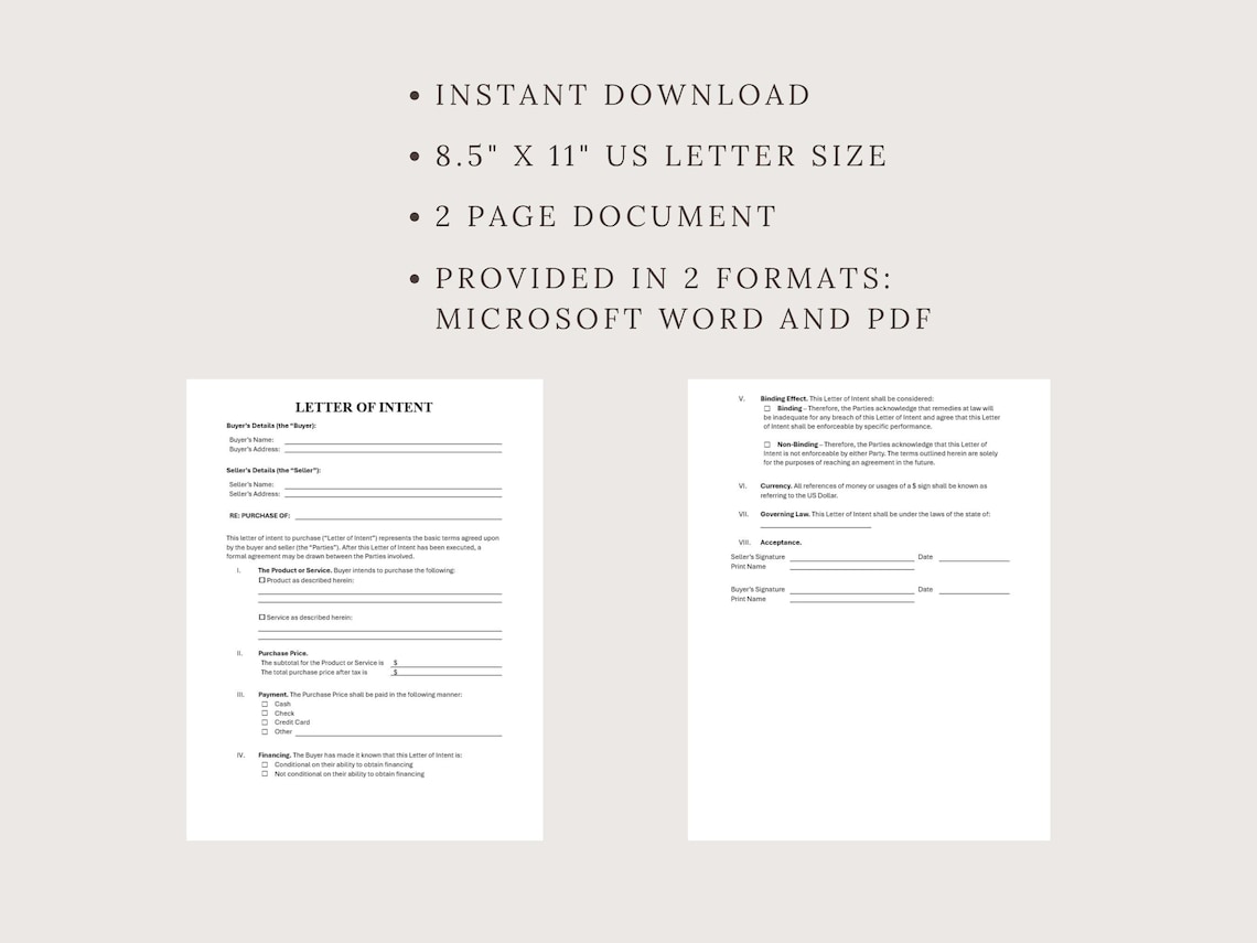 Letter of Intent Template: Business & Real Estate (digital Download, US ...