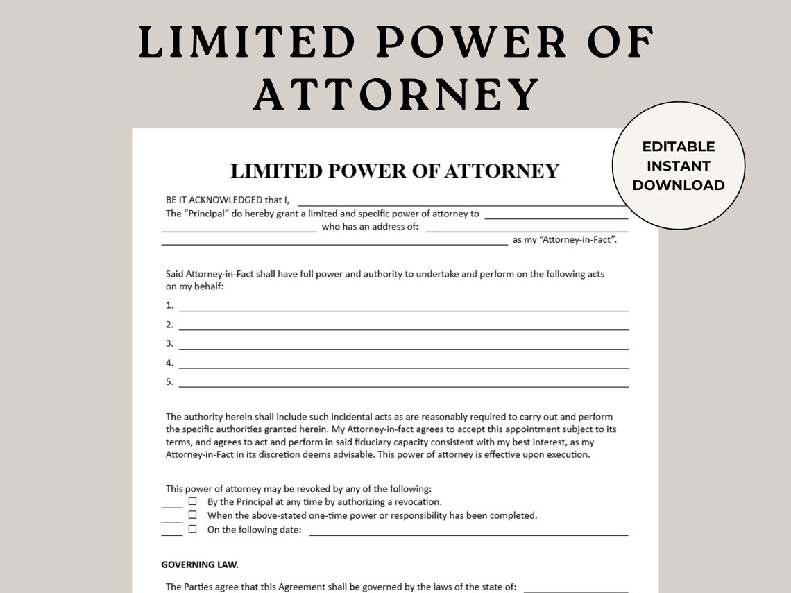 Printable Limited Power of Attorney Template: Editable POA Form ...