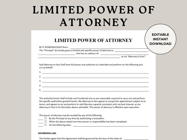Printable Limited Power of Attorney Template: Editable POA Form ...