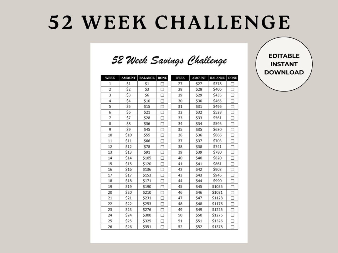 52 Week Savings Challenge, Weekly Money Saving, Printable Cash Saver ...