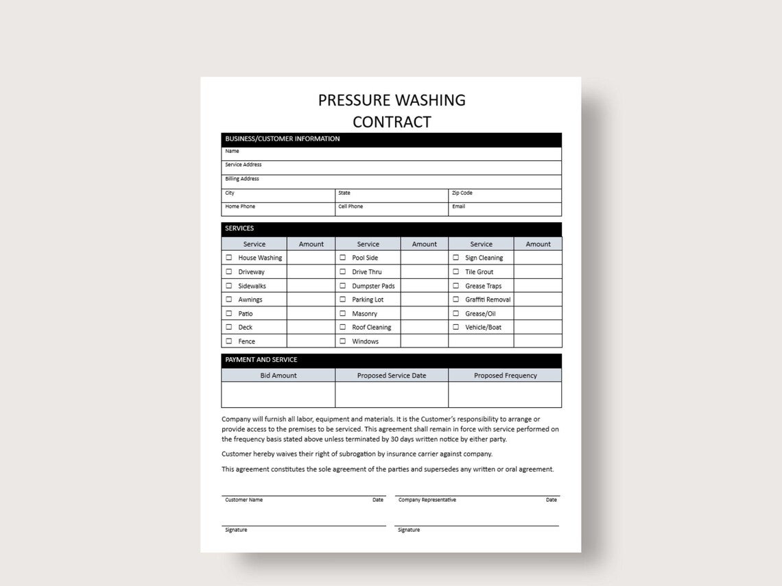 Power Washing Contract Template: Pressure Washing Business (digital ...