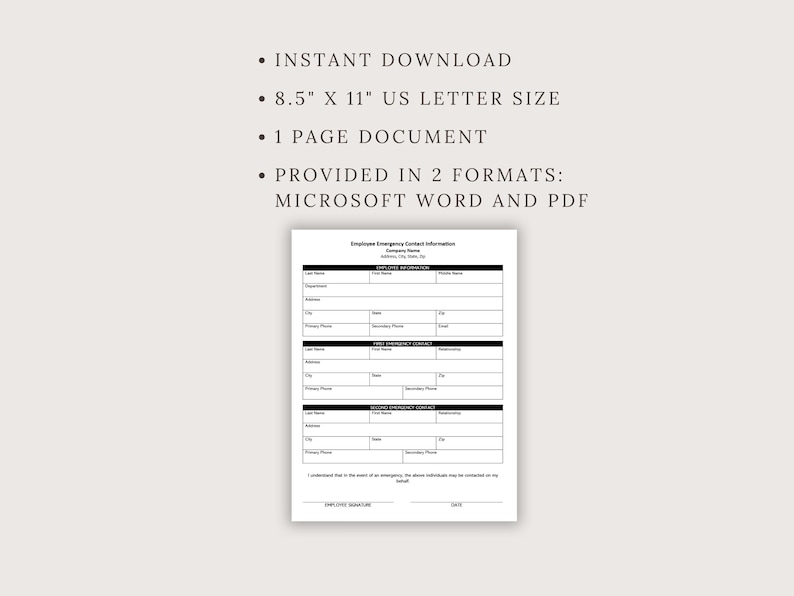 Employee Emergency Contact Form Template: HR Onboarding Document ...
