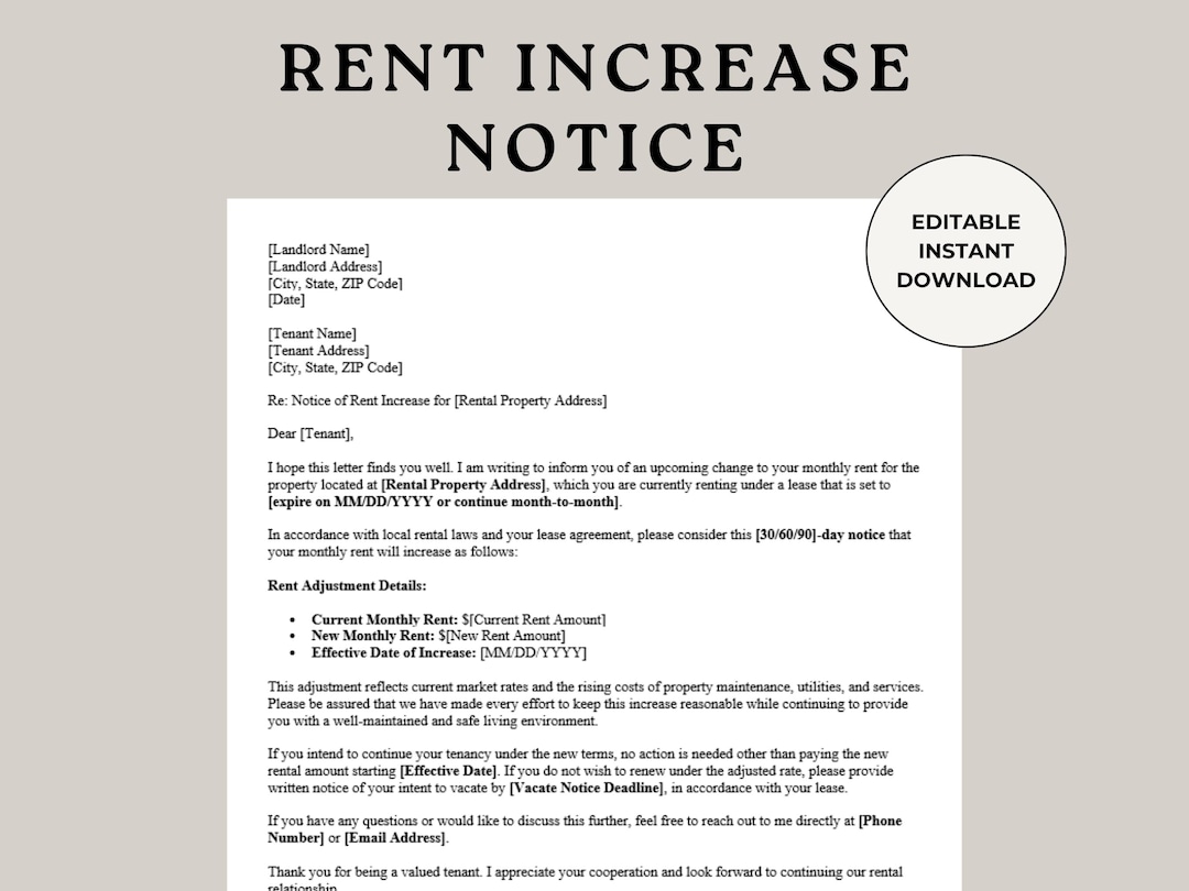 Rent Increase Notice Template: Landlord Letter, Customizable (PDF ...