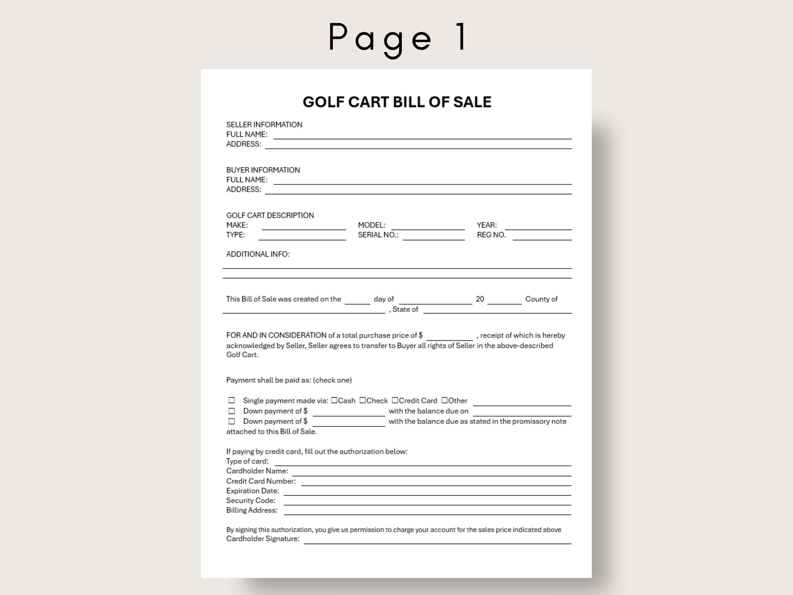 Golf Cart Bill of Sale, Bill of Sale Form, Sales Agreement, Vehicle ...