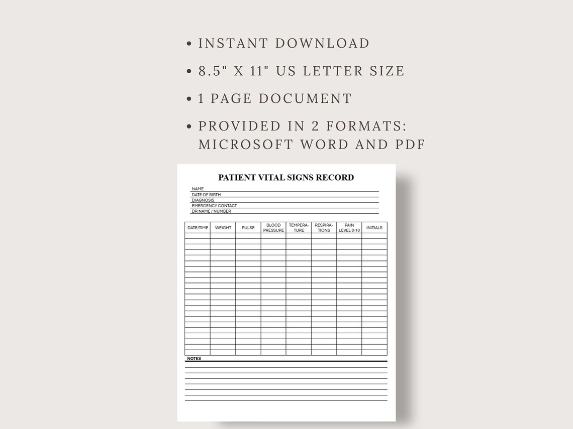 Nurse Patient Vital Signs Record, Daily Vitals Log, Vitals Sheet ...