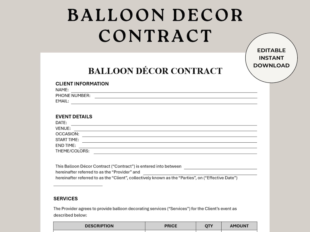 Balloon Decor Contract Template: Event Planner Forms (digital Download ...
