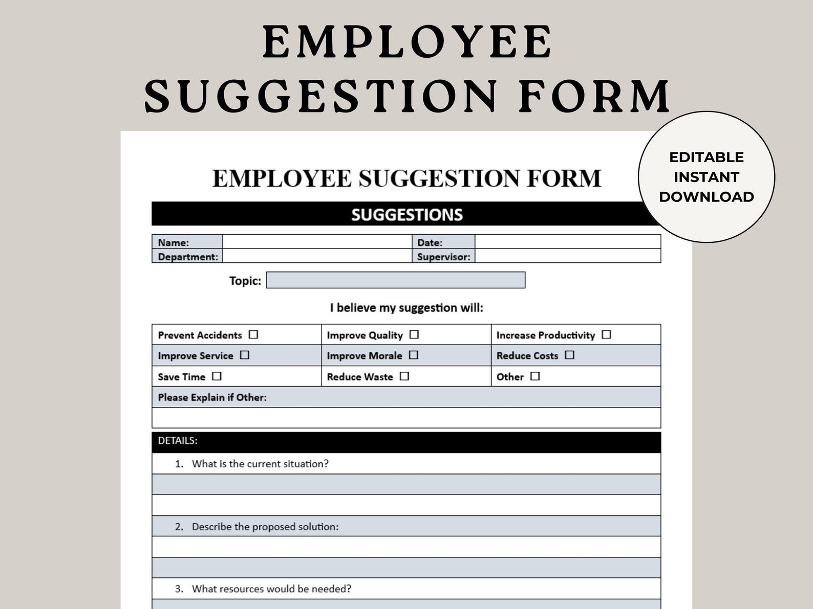 Employee Suggestion Form, Employee Suggest, Human Resource Forms ...