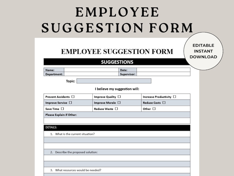Employee Suggestion Form, Employee Suggest, Human Resource Forms ...