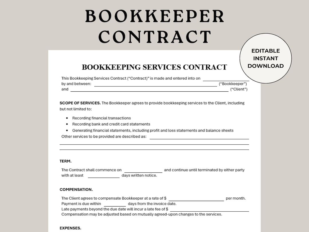 Bookkeeper Contract, Bookkeeper Business, Bookkeeper Services, Editable ...