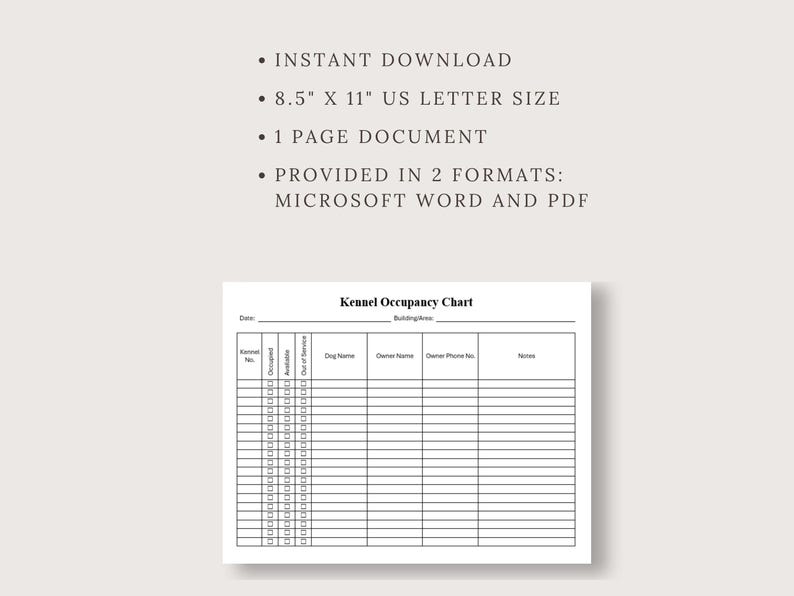 Dog Kennel Occupancy Chart: Boarding Schedule Template (digital ...