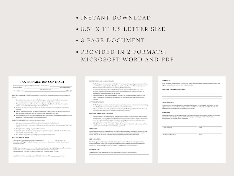 Tax Preparation Contract Template: Accountant Forms (digital Download ...