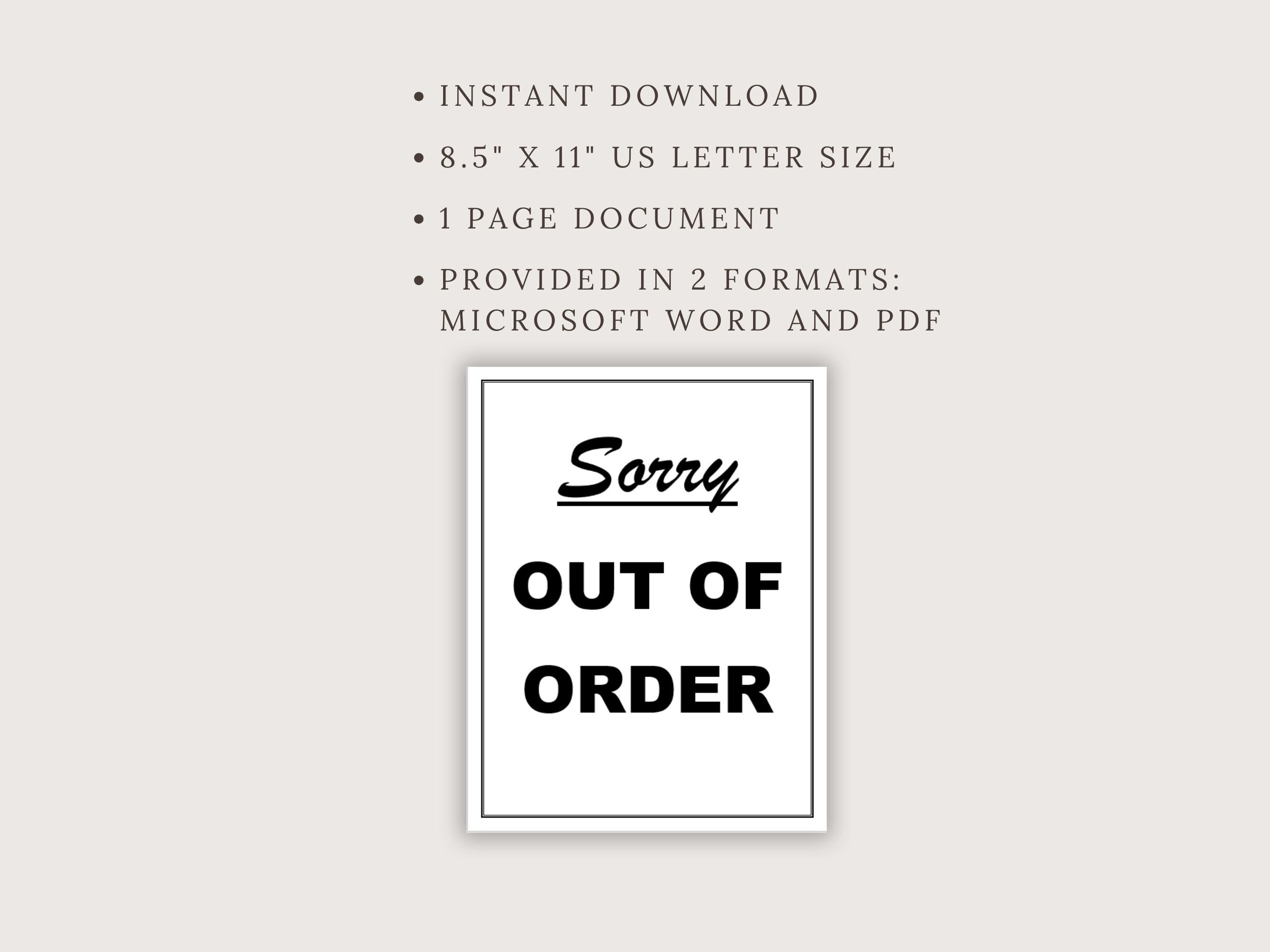 Printable Out of Order Sign, Out of Service Sign, Sorry Out of Service ...