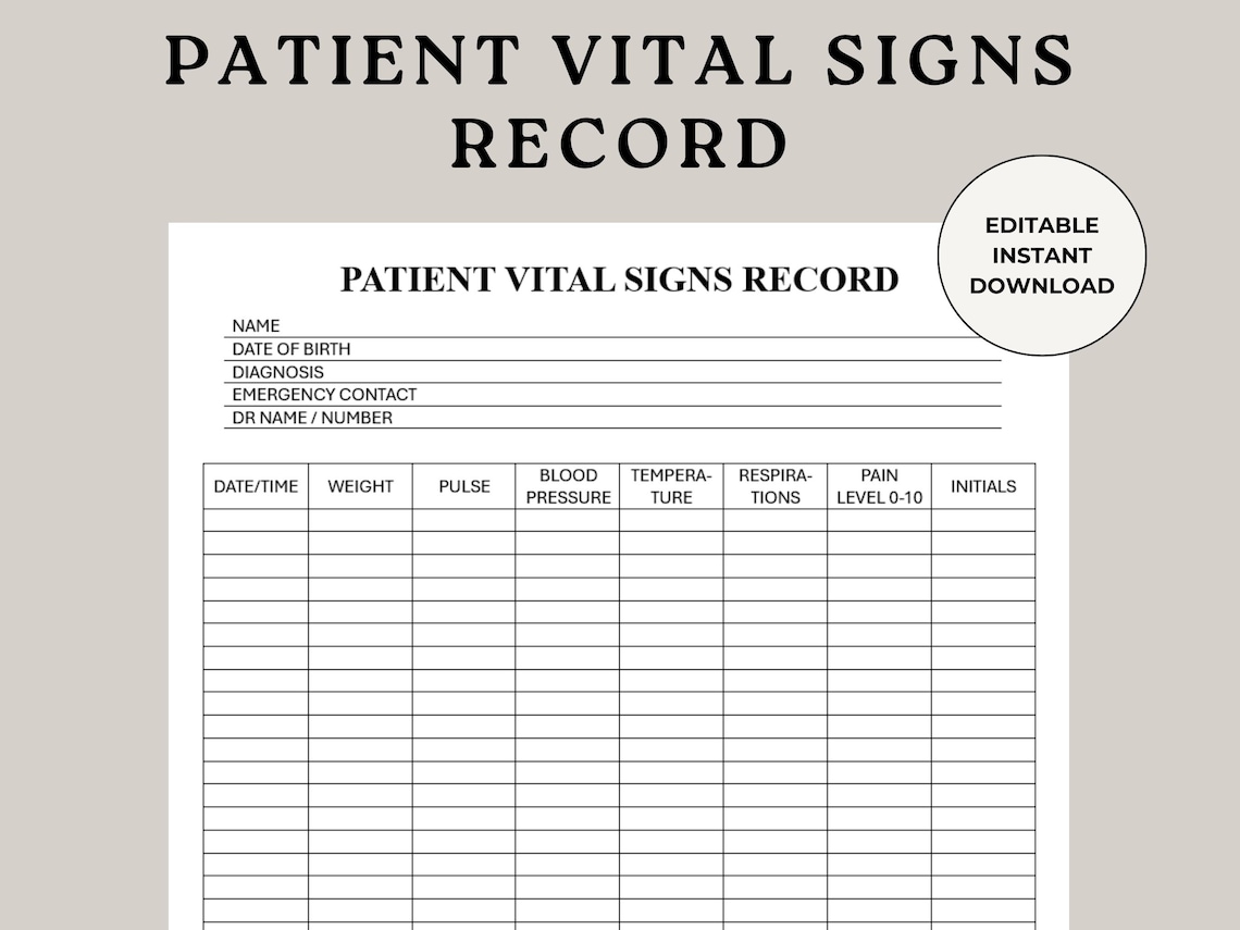 Nurse Patient Vital Signs Record, Daily Vitals Log, Vitals Sheet ...