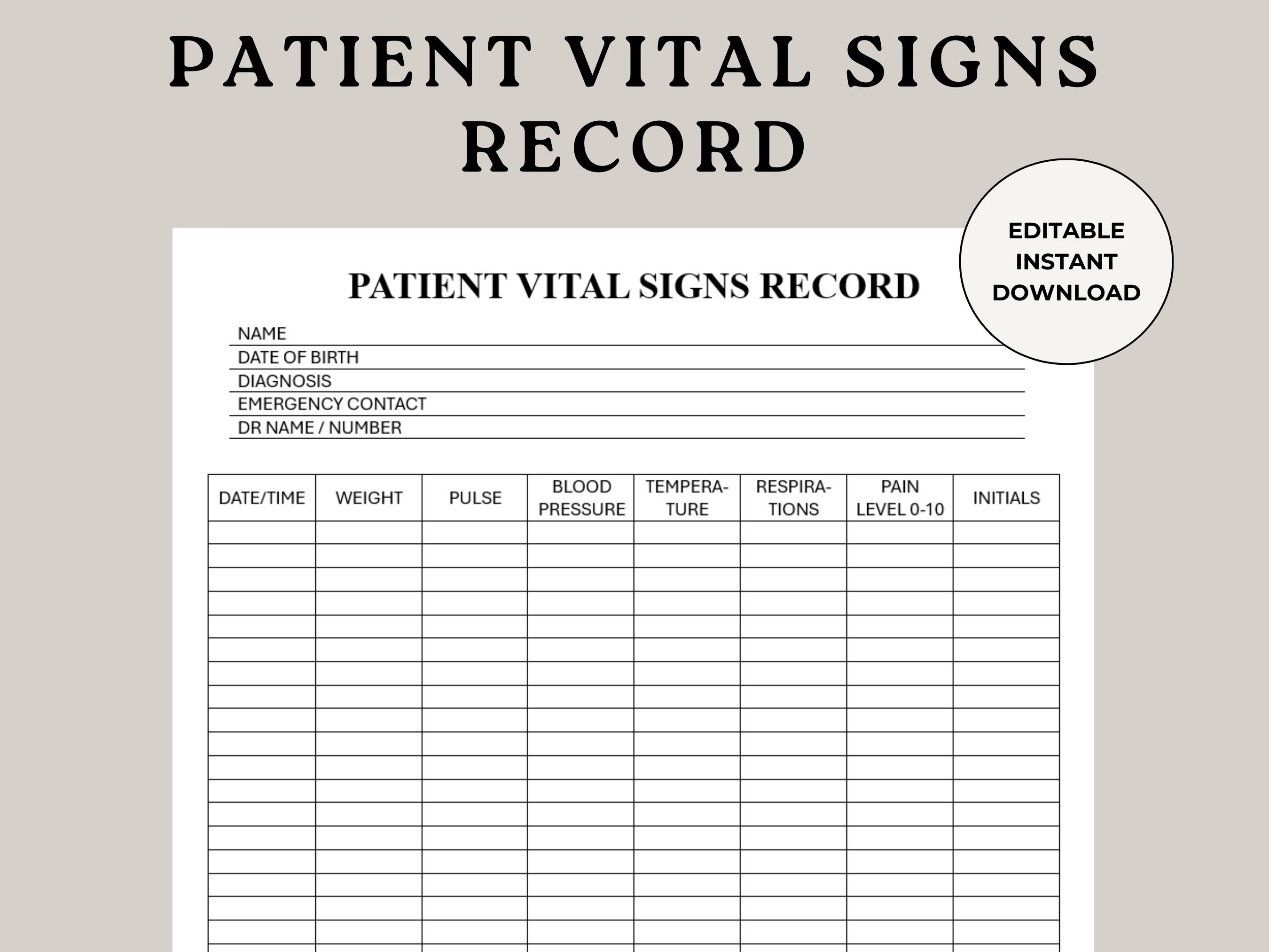 Nurse Patient Vital Signs Record, Daily Vitals Log, Vitals Sheet ...