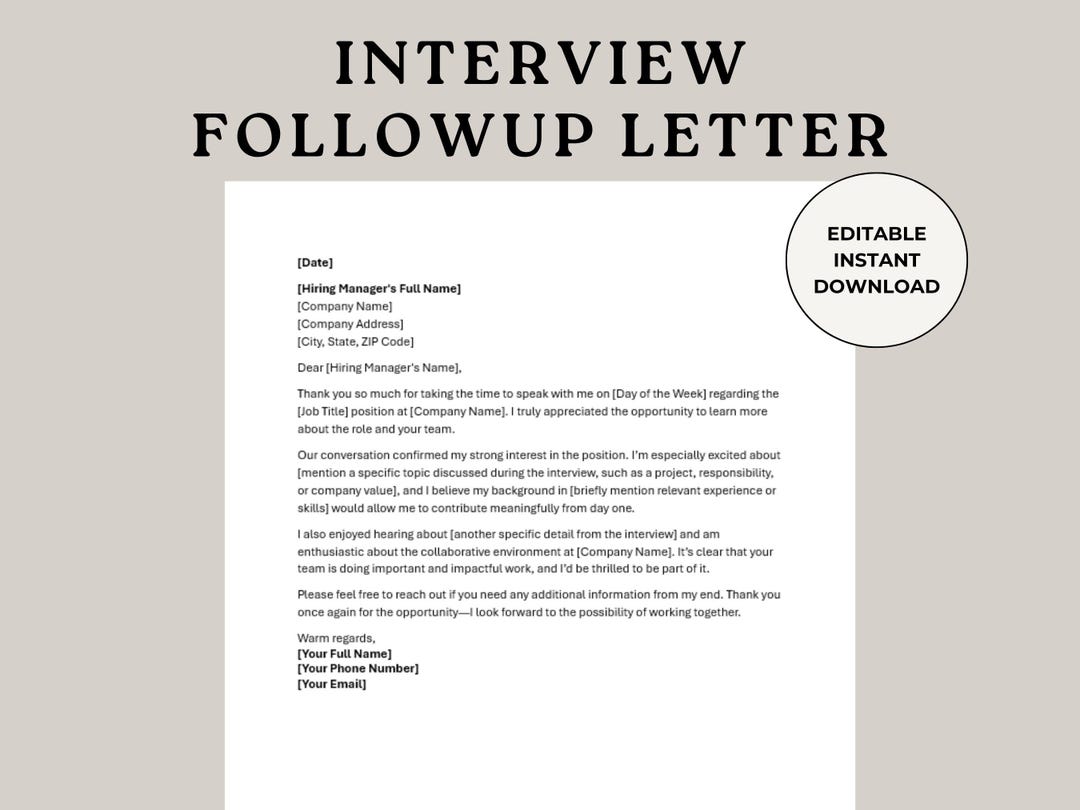 Interview Follow-up Letter Template: Customizable Thank You Note ...