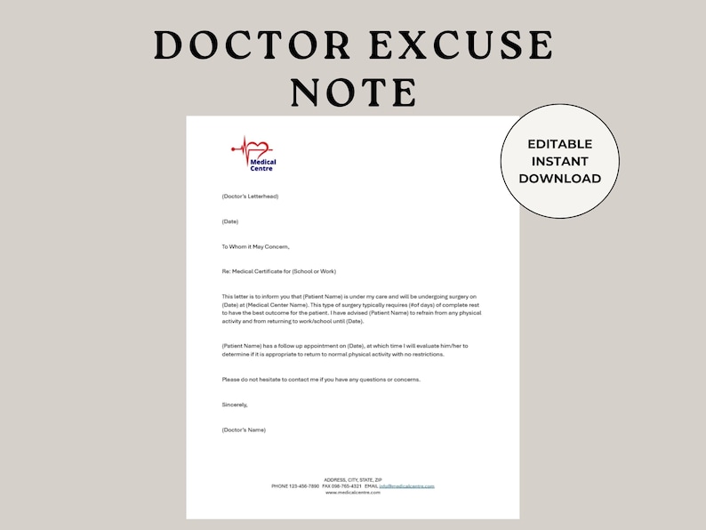 Doctor Excuse Note, Medical Excuse Note, Doctor's Excuse, Dr Note for ...