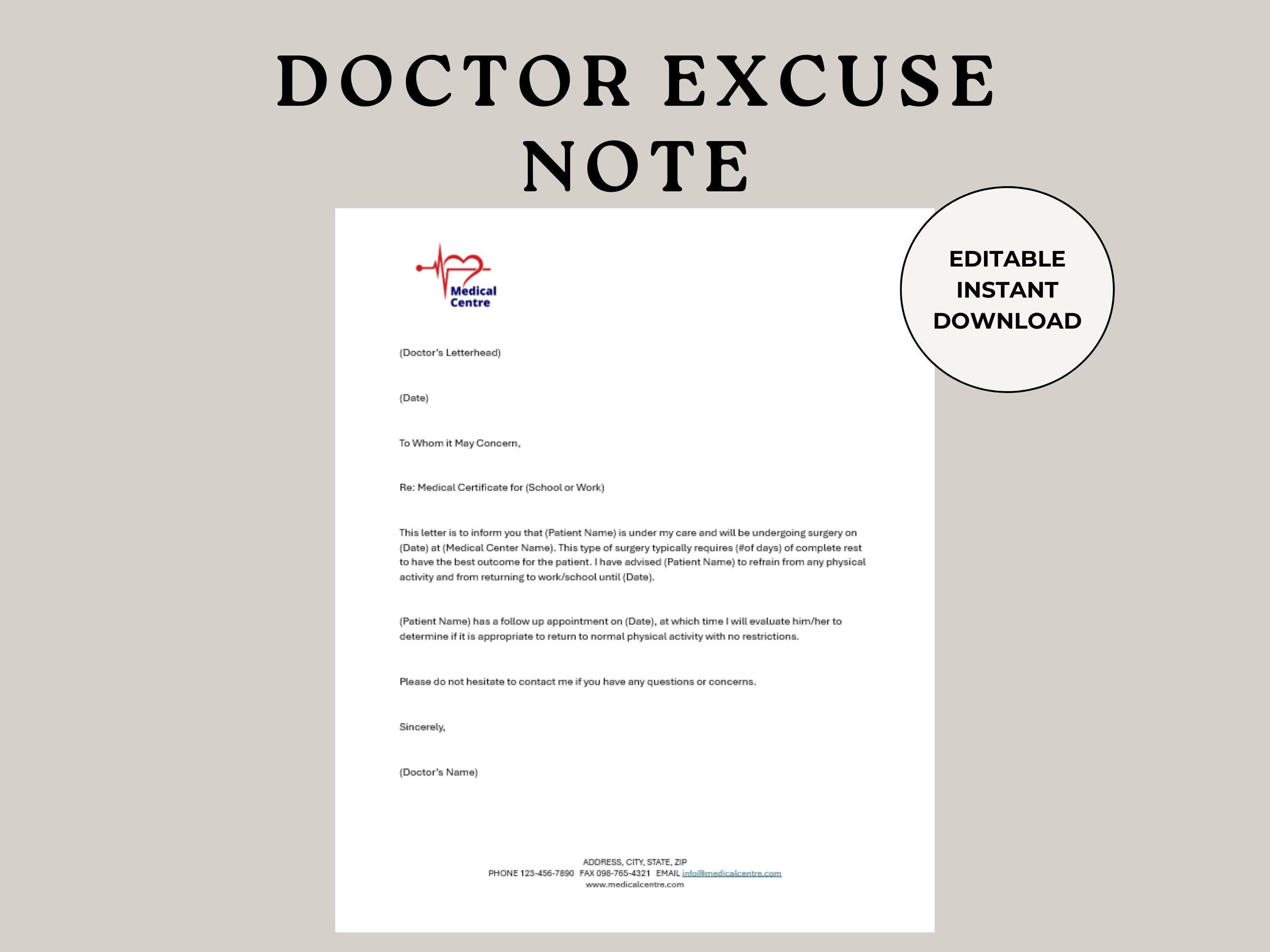 Doctor Excuse Note, Medical Excuse Note, Doctor's Excuse, Dr Note for ...