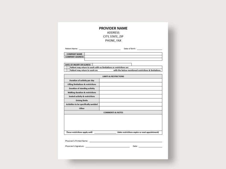 Return to Work Note, Excuse Letter, Doctor Excuse, Work Excuse, Excuse ...