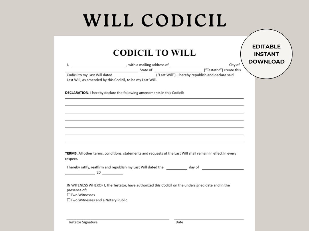 Will Codicil, Will Codicil Template, Will Codicil Forms, Codicil ...