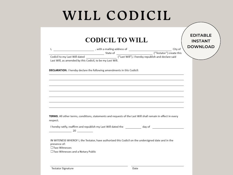 Will Codicil, Will Codicil Template, Will Codicil Forms, Codicil Contract, Codicil Document ...