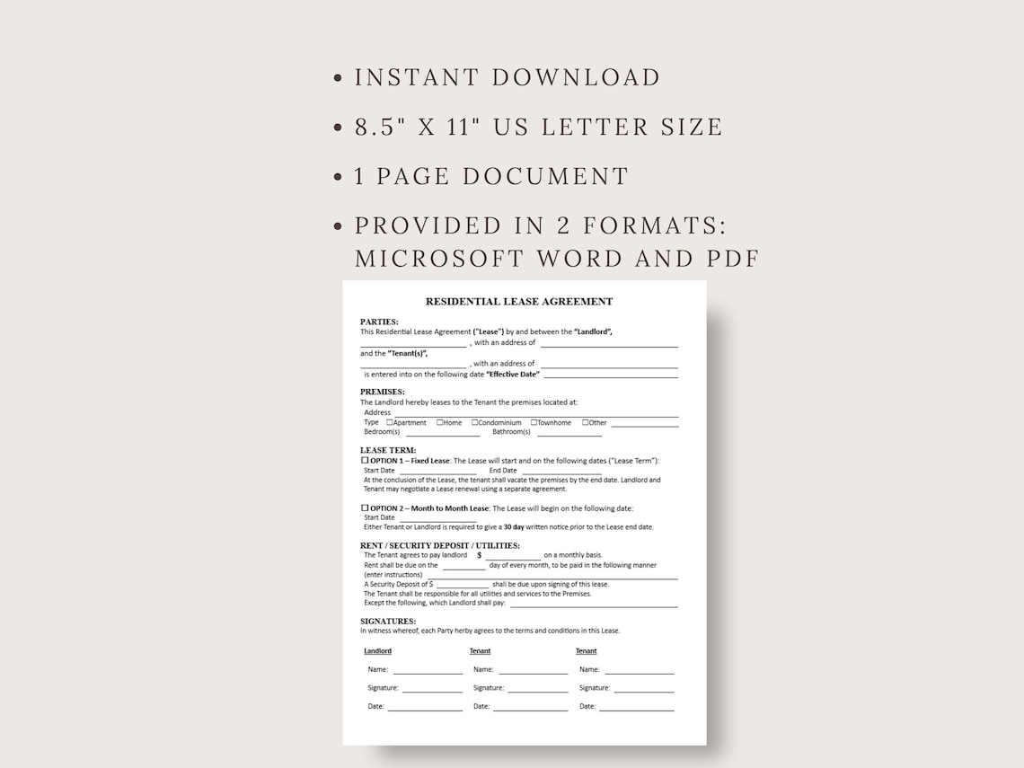Simple One Page Lease Agreement, Residential Lease, Landlord Tenant ...