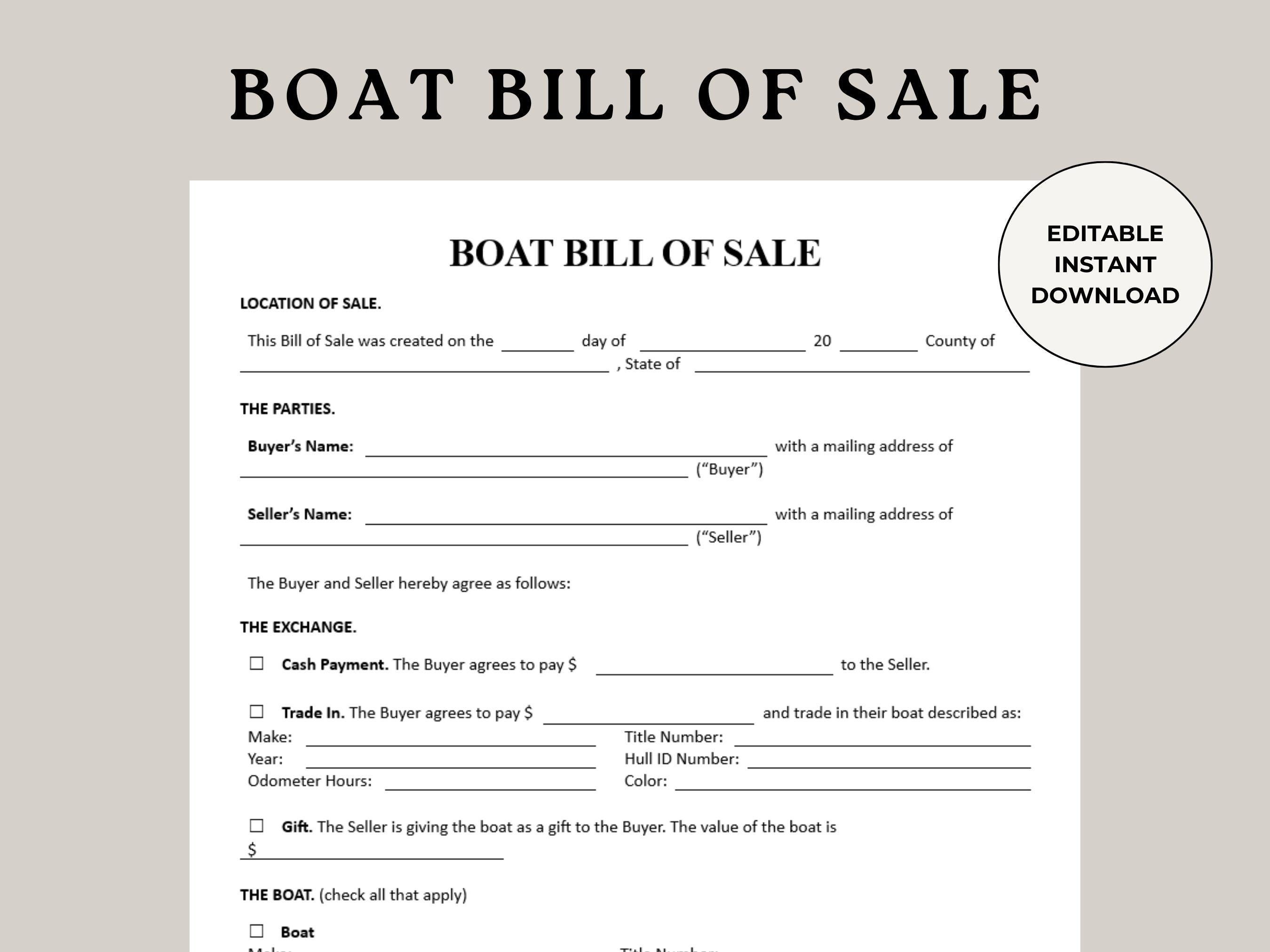 Boat Bill of Sale, Bill of Sale Form, Transfer Ownership, Sale Form ...
