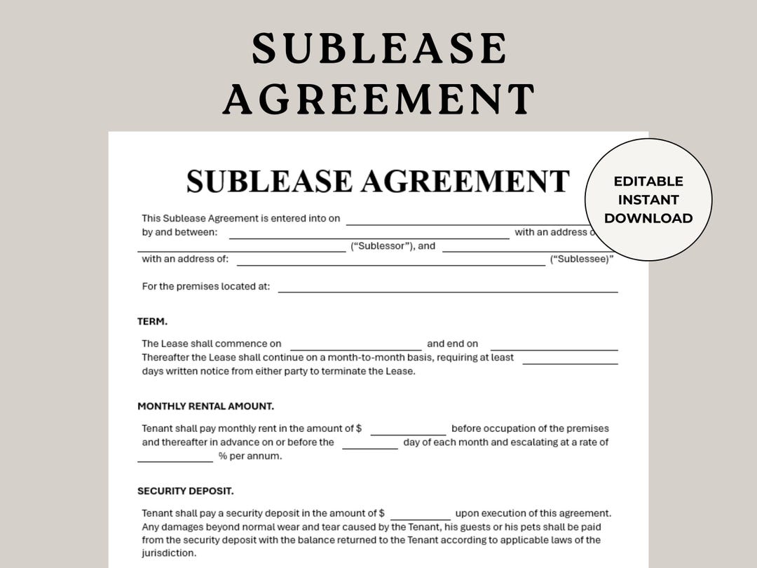 Sublease Agreement Template: Customizable Sublet Contract (digital ...