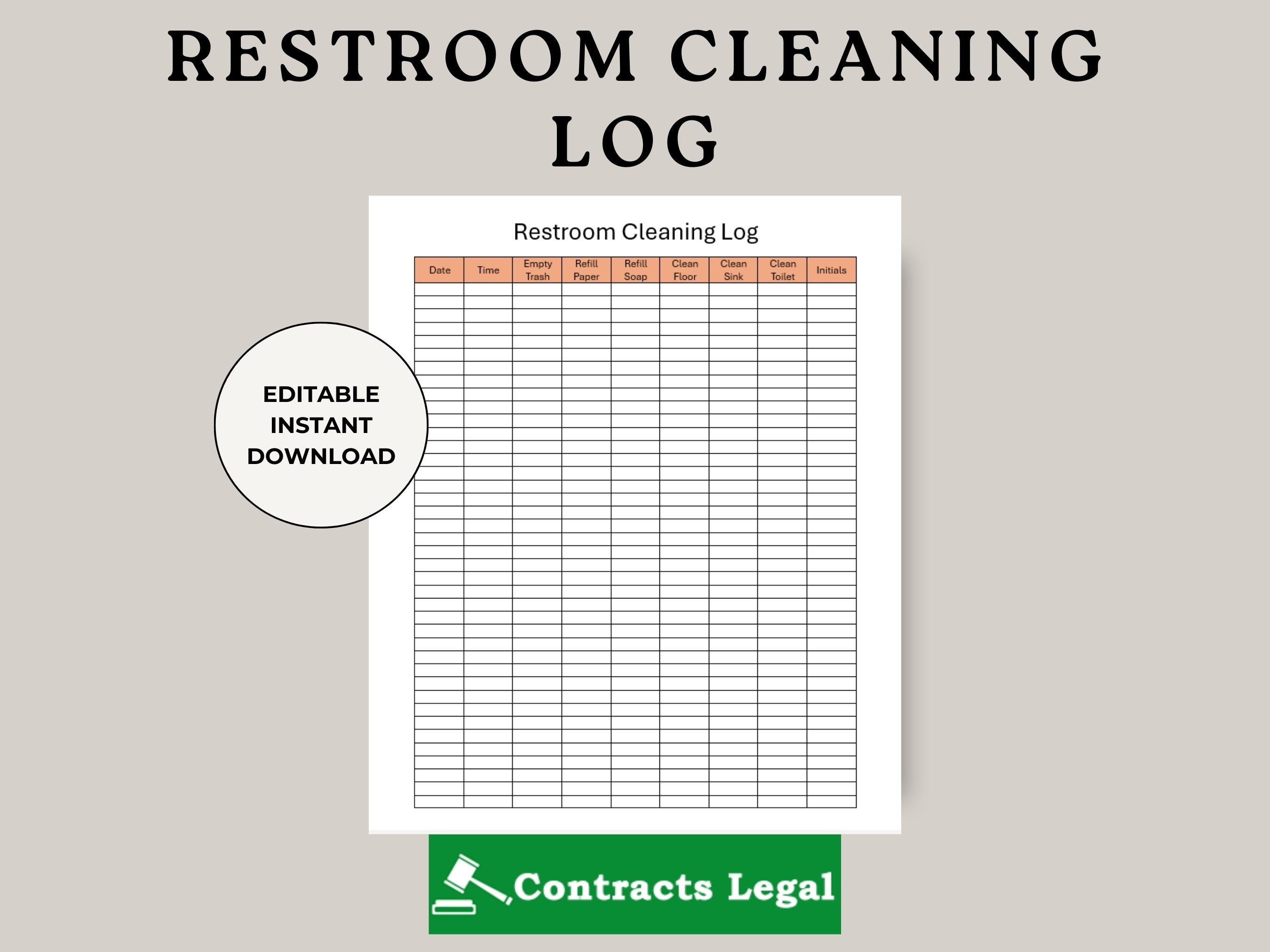 Restroom Cleaning Log, Cleaning Restroom Checklist, Cleaning Forms ...