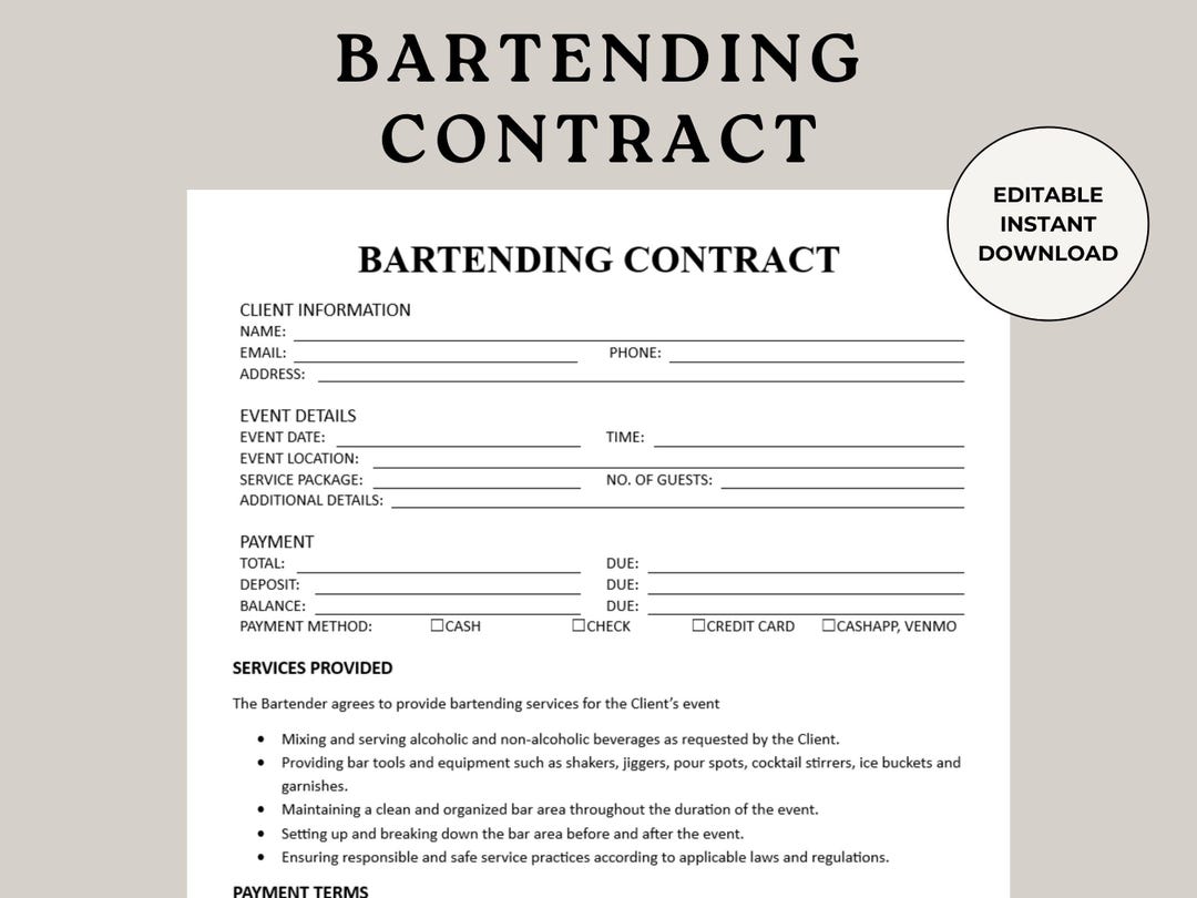 Bartending Contract, Bartending Agreement, Bartending Business, Wedding ...
