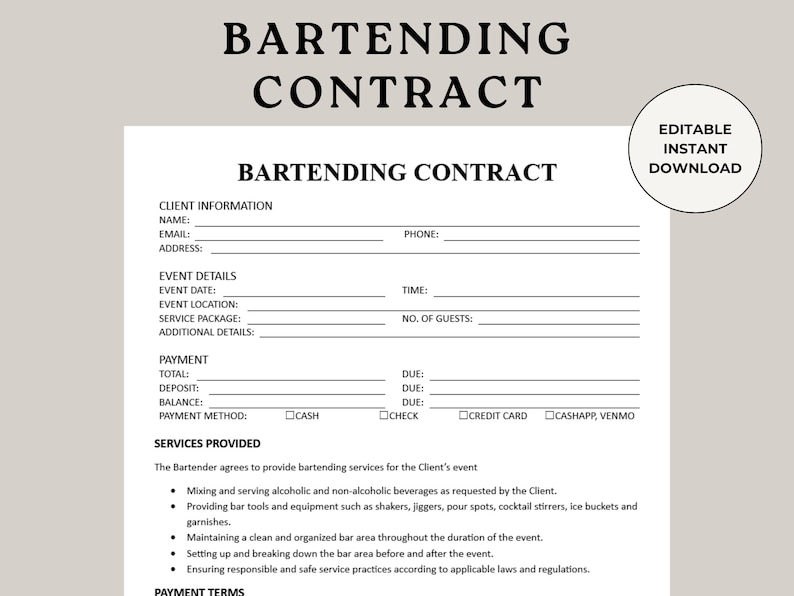 Bartending Contract, Bartending Agreement, Bartending Business, Wedding ...