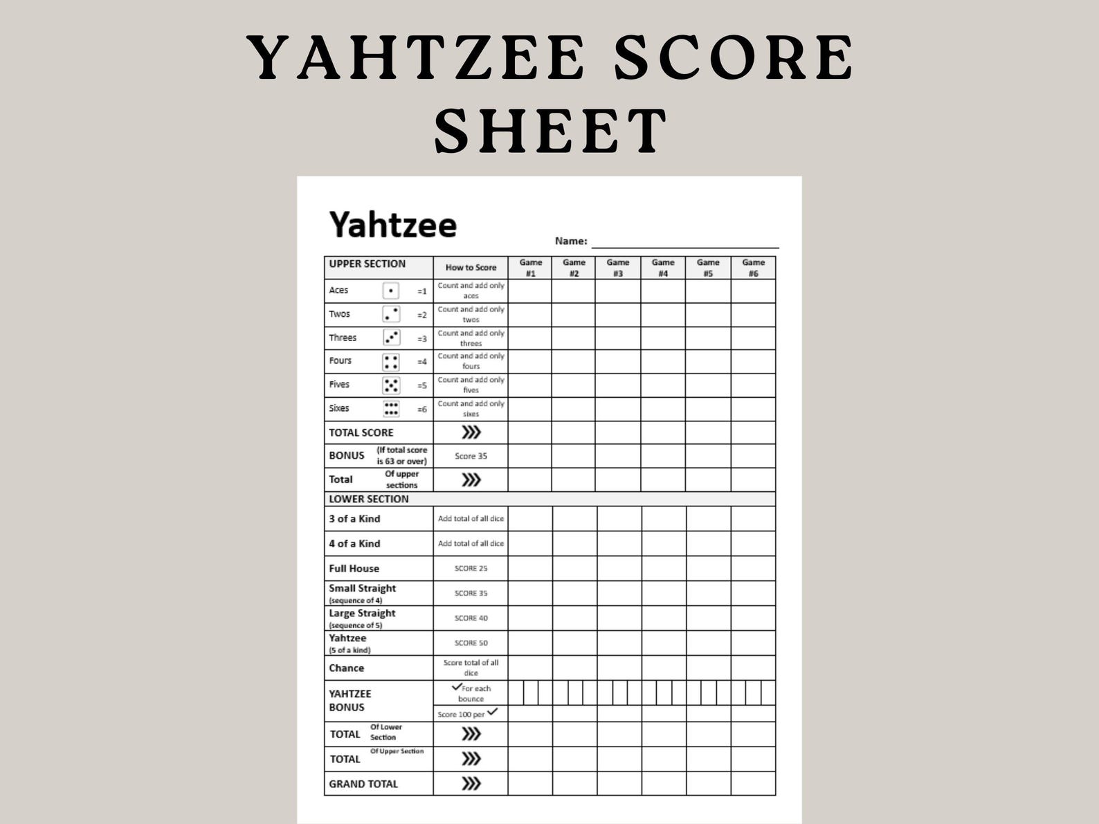 Yahtzee Score Sheet, Yahtzee Download, Yahtzee Printable, Yahtzee Score ...