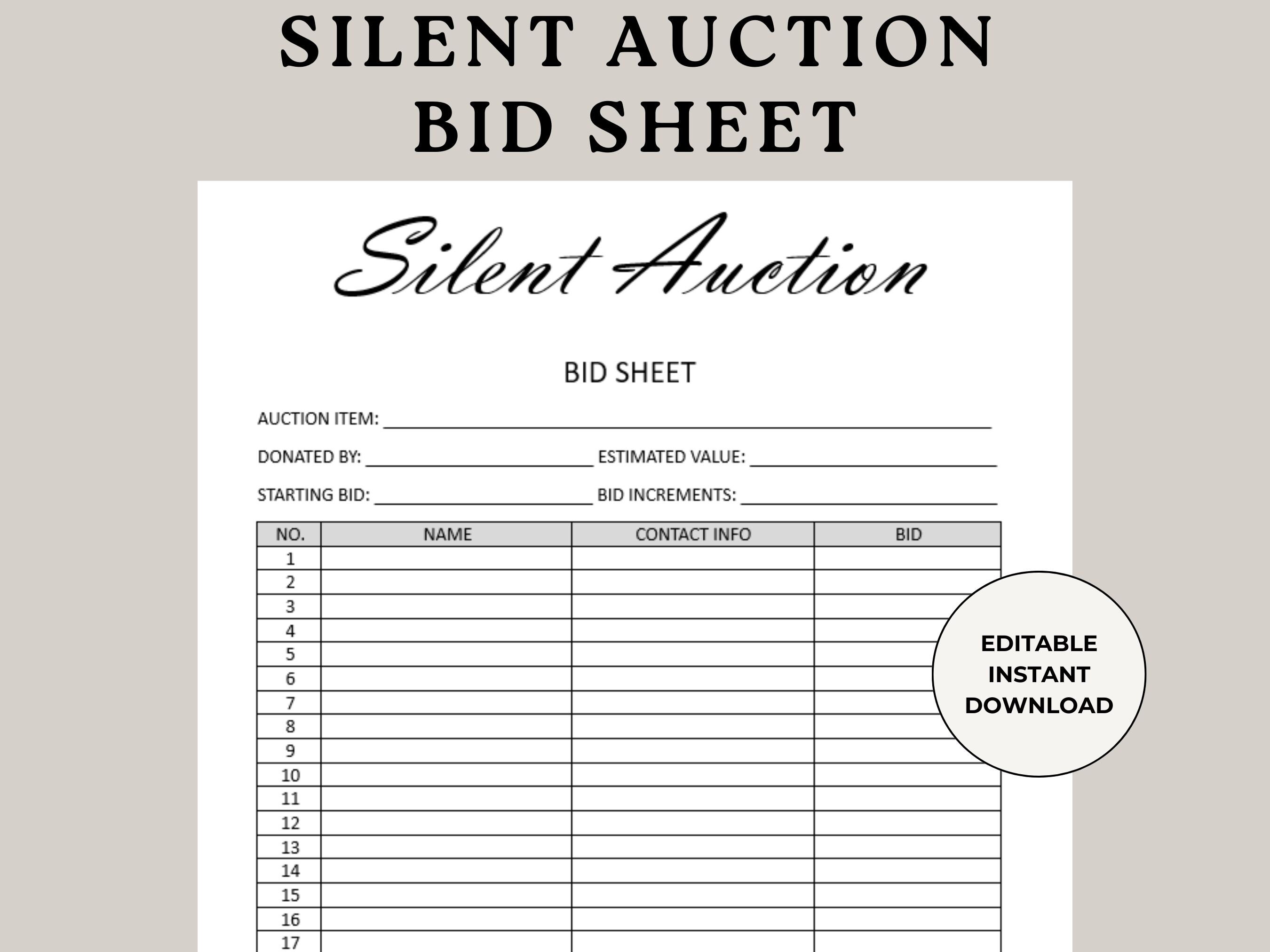 Silent Auction Bid Sheet, Bidding Form, Silent Auction Form, Auction ...