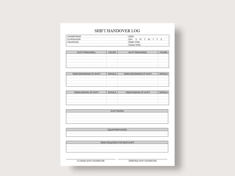 Shift Handover Log, End of Shift Form, End of Shift Log, Shift End Log ...