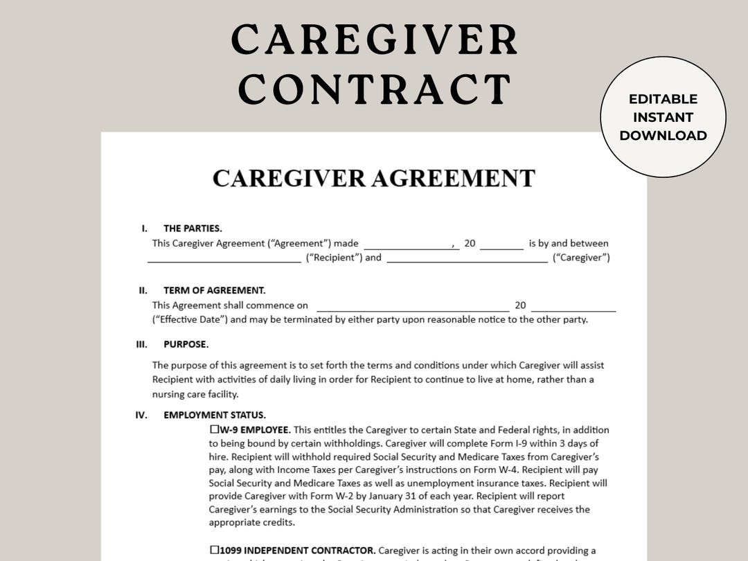 Caregiving Contract, Homecare Agreement, Caregiving Services, Caregiver ...