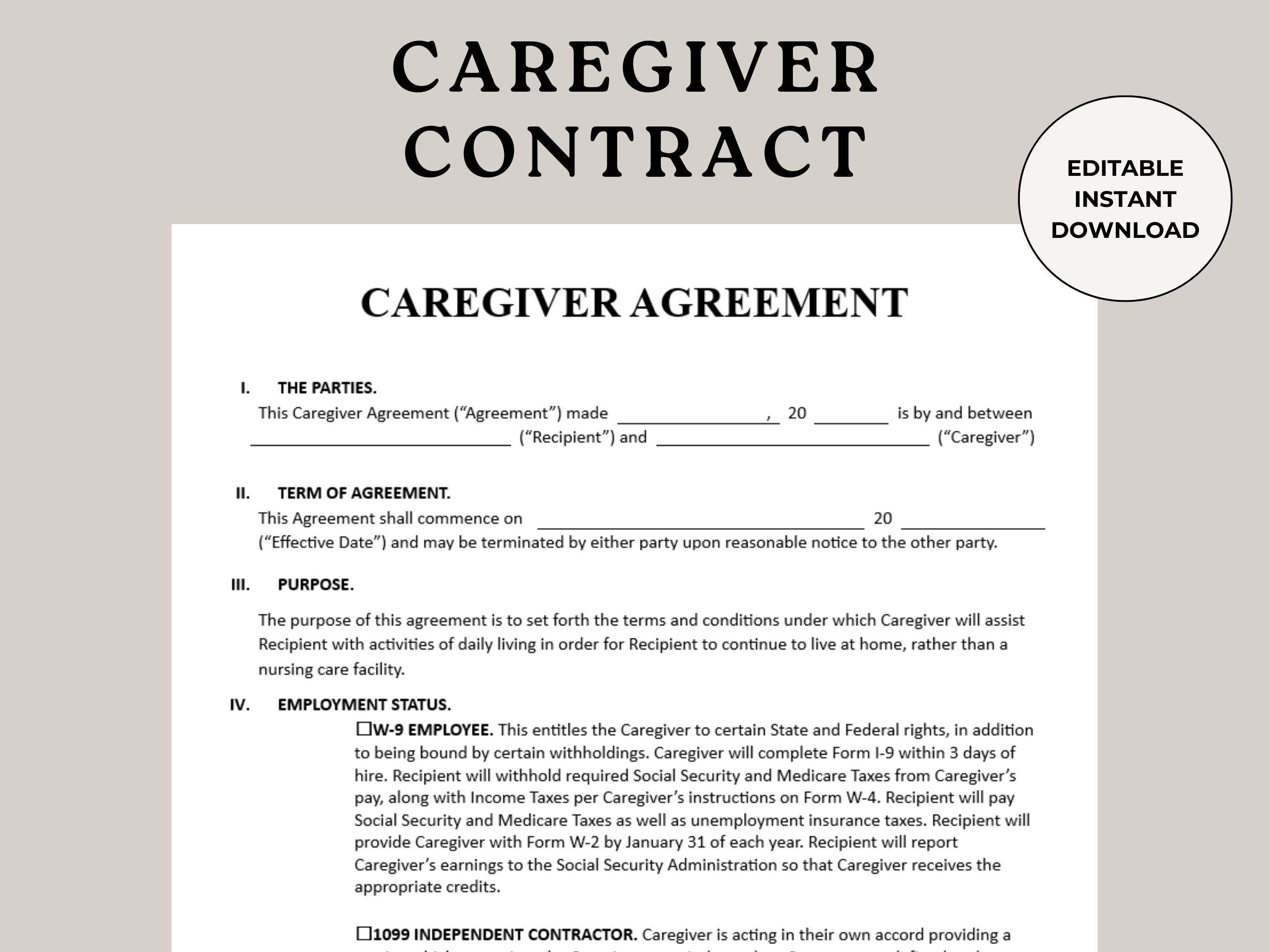Caregiving Contract, Homecare Agreement, Caregiving Services, Caregiver ...