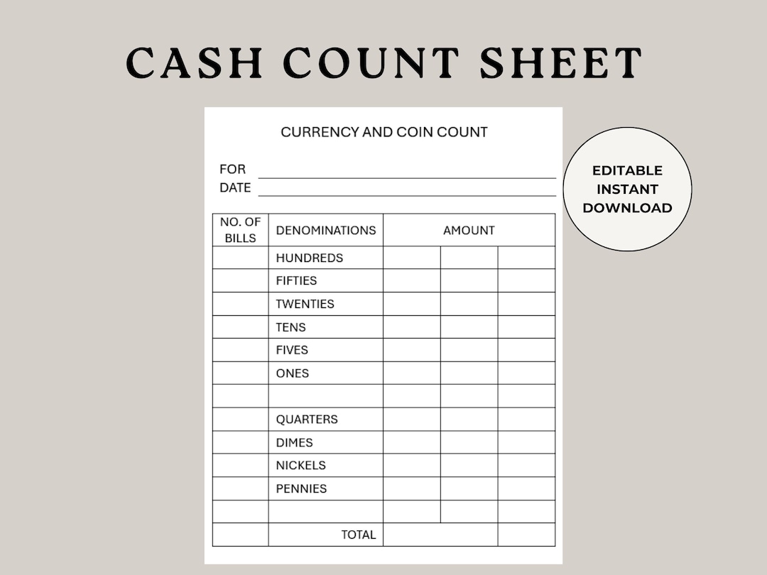 Cash Count Sheet, Cash Count Form, Cash Drawer Sheets, Closing Cash ...