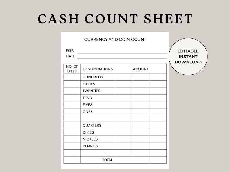 Cash Count Sheet, Cash Count Form, Cash Drawer Sheets, Closing Cash ...