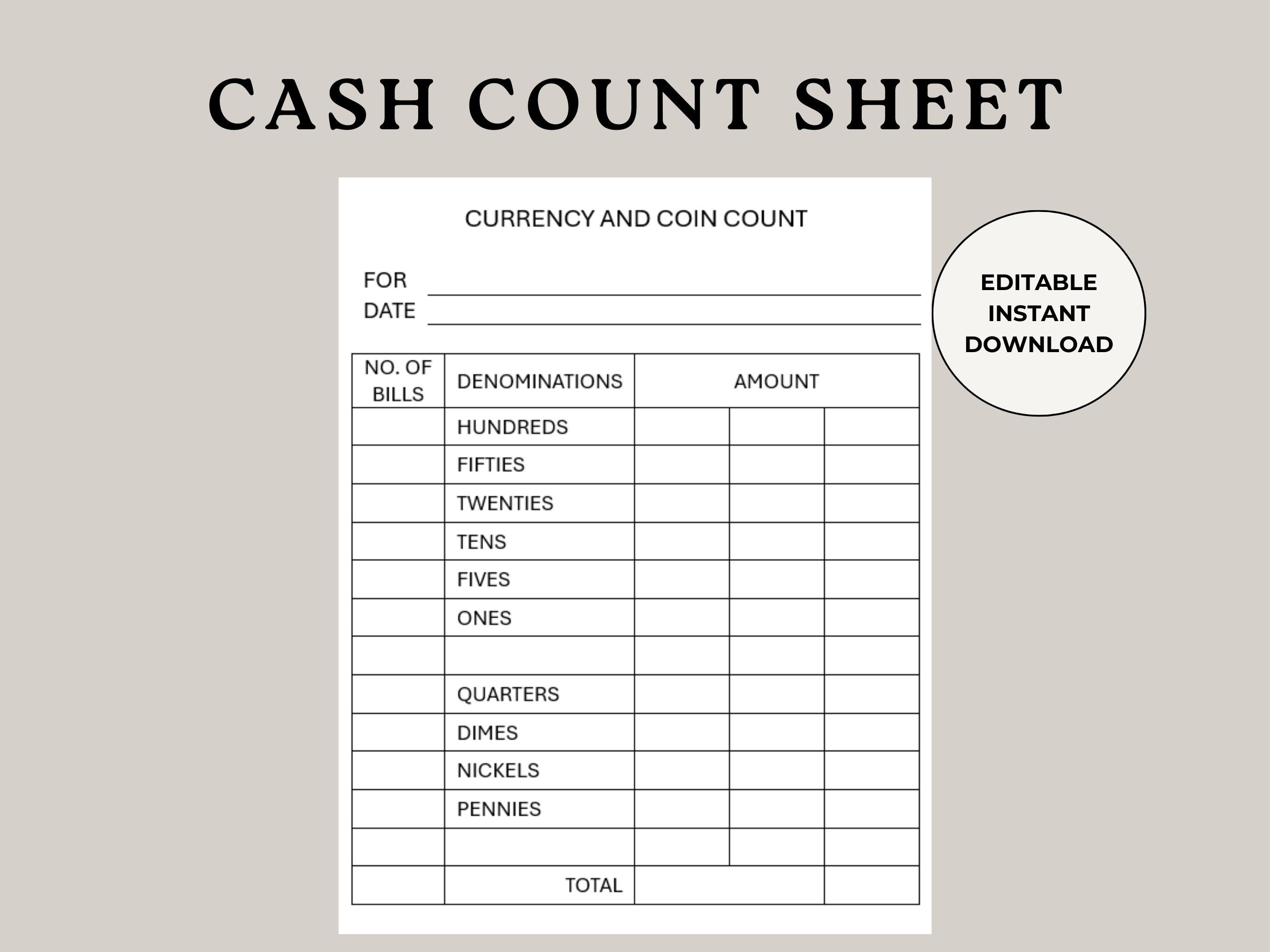 Cash Count Sheet Cash Count Form Cash Drawer Sheets Closing Cash