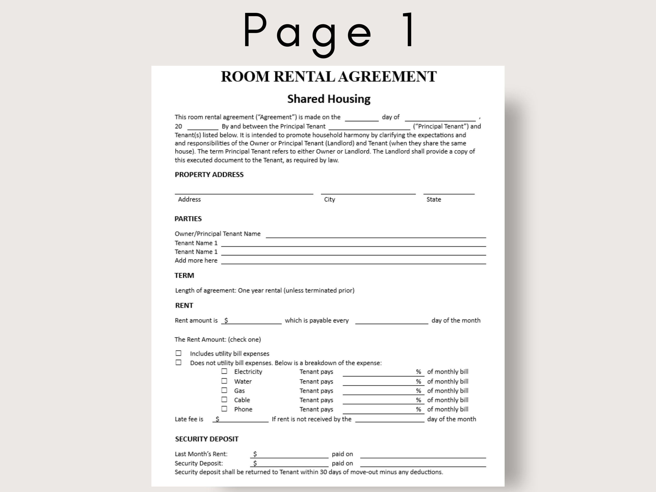 Room Rental Contract, Room Rental Form, Landlord Sheet, Roommate ...
